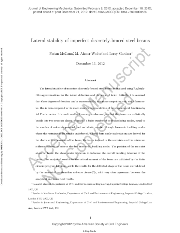 (PDF) LATERAL STABILITY OF STEEL BEAMS WITH DISCRETE RESTRAINTS ...