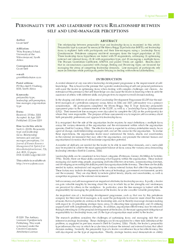 (PDF) Personality Type & Leadership Focus: Self & Line-manager