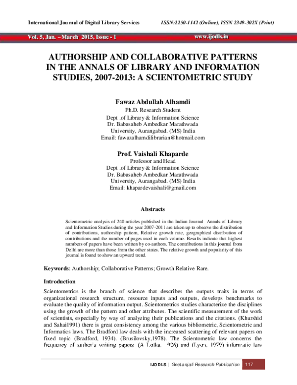 (PDF) AUTHORSHIP AND COLLABORATIVE PATTERNS IN THE ANNALS OF LIBRARY AND INFORMATION STUDIES ...