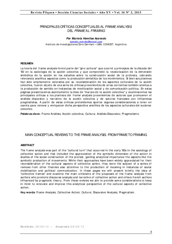 (PDF) MAIN CONCEPTUAL REVIEWS TO THE FRAME ANALYSIS. FROM FRAME TO FRAMING