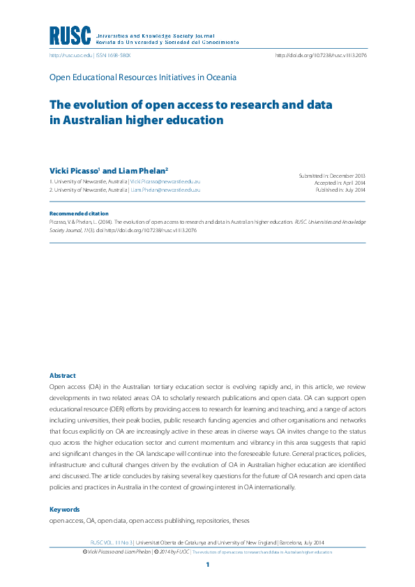 (PDF) The evolution of open access to research and data in Australian ...