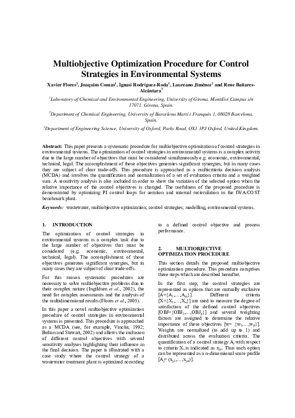 (PDF) Multiobjective Optimization Procedure for Control Strategies in Environmental Systems