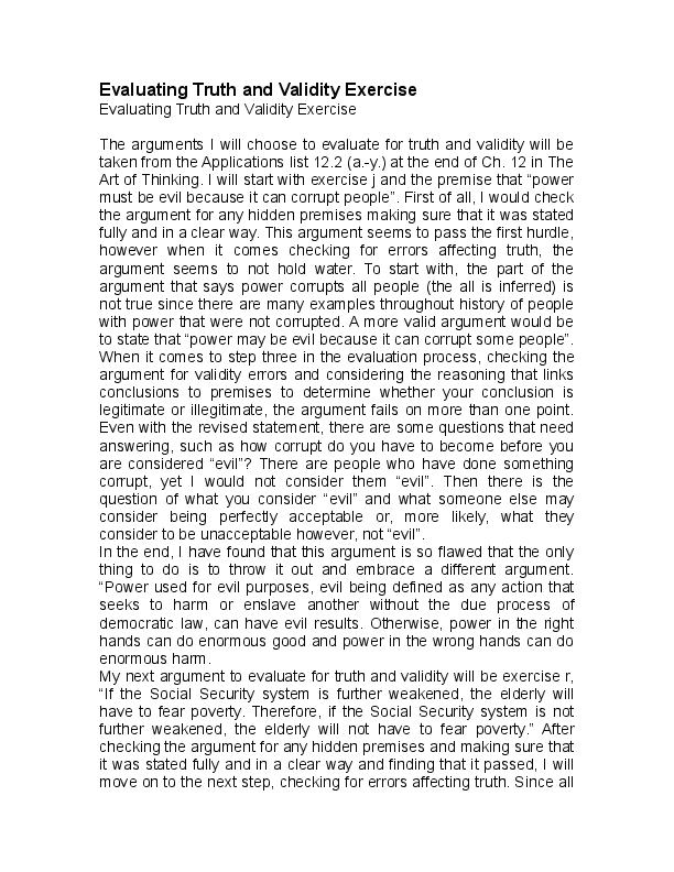 (DOC) Evaluating Truth and Validity Exercise (DOC) Evaluating Truth and Validity Exercise