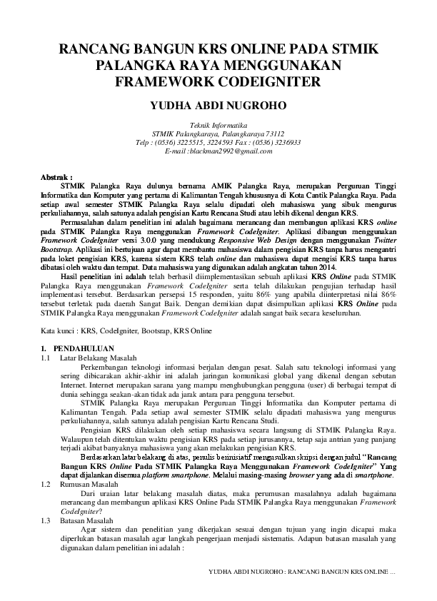 (PDF) Jurnal KRS Online Pada STMIK Palangka Raya Menggunakan Framework CodeIgniter