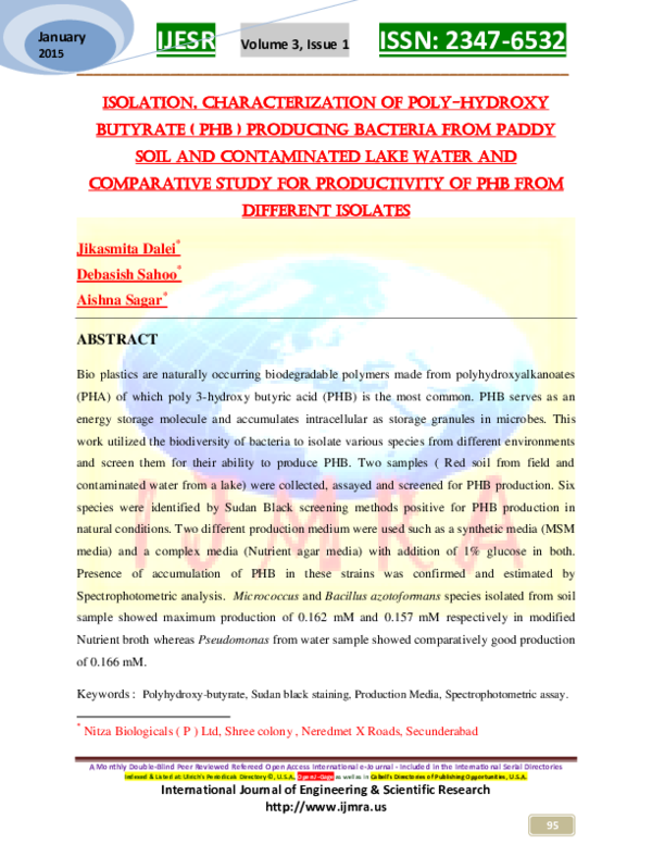 (PDF) Isolation, Characterization of Poly-Hydroxy Butyrate ( PHB ) producing bacteria from paddy ...