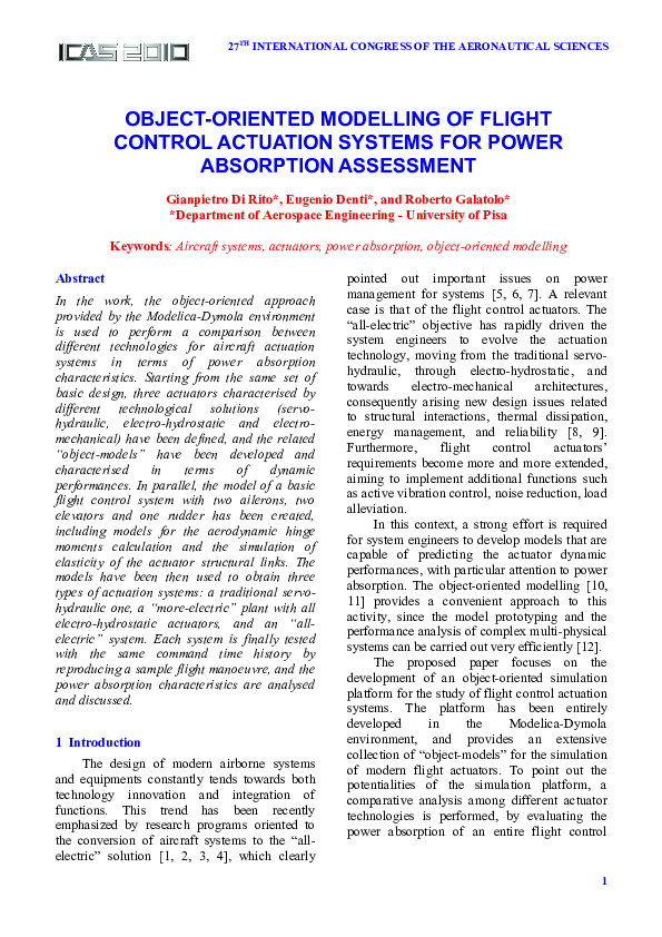 (PDF) Object-oriented modelling of flight control actuation systems for power absorption assessment