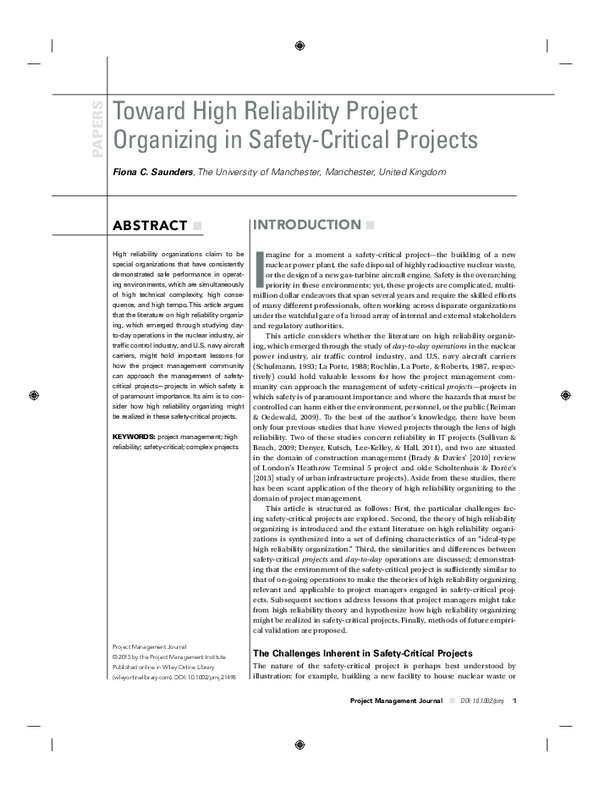 (PDF) Toward High Reliability Project Organizing in Safety-Critical ...