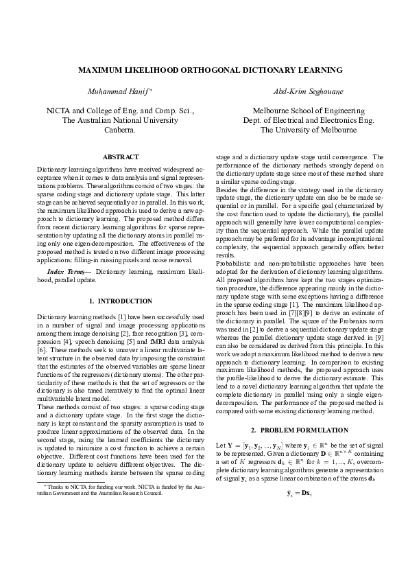 (PDF) MAXIMUM LIKELIHOOD ORTHOGONAL DICTIONARY LEARNING