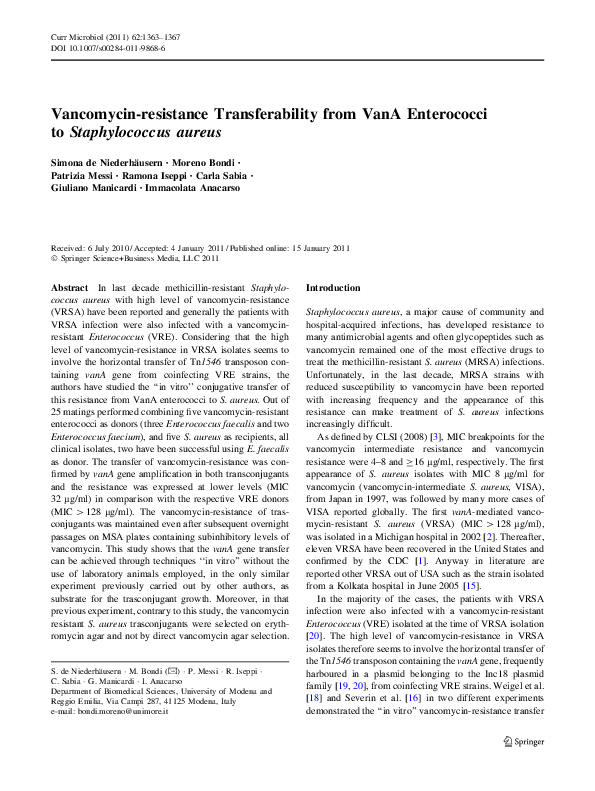 (PDF) Vancomycin-resistance Transferability from VanA Enterococci to ...