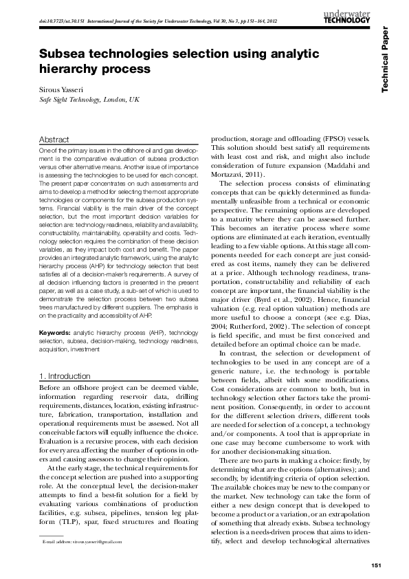 (PDF) Subsea technologies selection using analytic hierarchy process