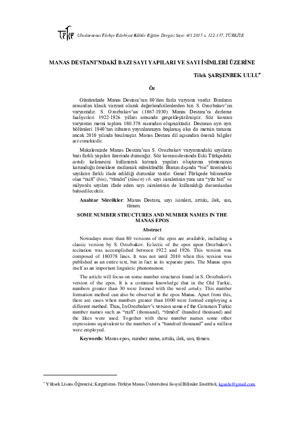 (PDF) MANAS DESTANI’NDAKİ BAZI SAYI YAPILARI VE SAYI İSİMLERİ ÜZERİNE