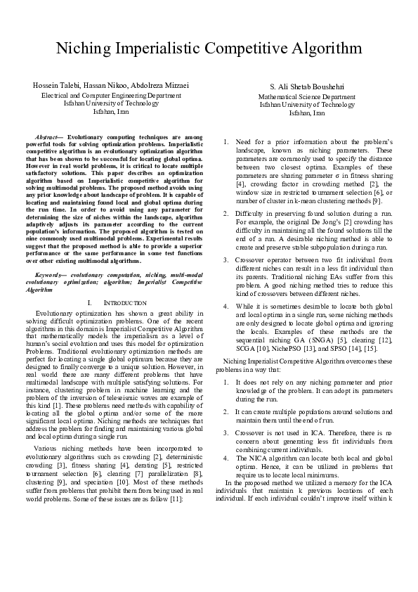 (PDF) Niching Imperialist Competitive Algorithm