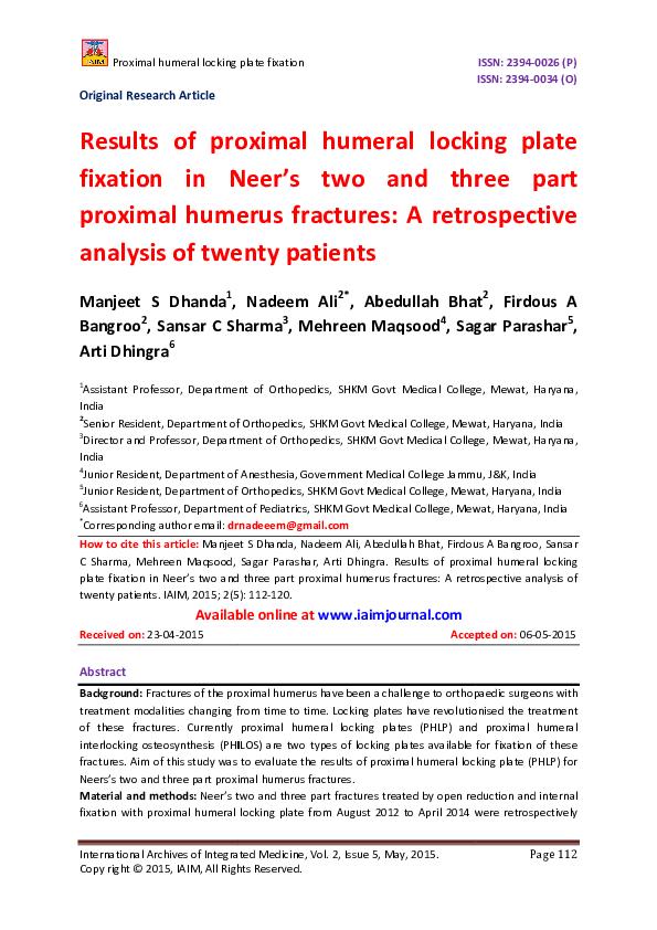 (PDF) Results of proximal humeral locking plate fixation in Neer’s two ...