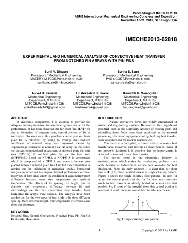 (PDF) EXPERIMENTAL AND NUMERICAL ANALYSIS OF CONVECTIVE HEAT TRANSFER FROM NOTCHED FIN ARRAYS ...