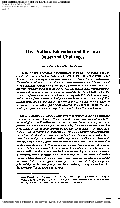 (PDF) First-Nations Education and the Law: Issues and Challenges