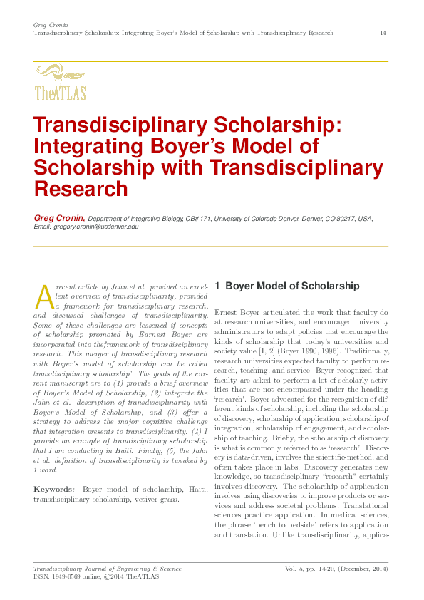 (PDF) Transdisciplinary Scholarship: Integrating Boyer’s Model of ...