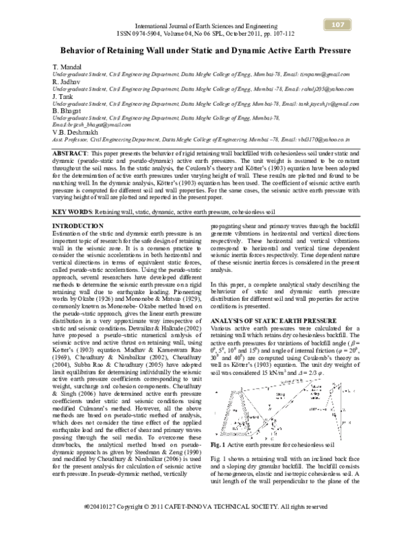 (PDF) Behavior of Retaining Wall under Static and Dynamic Active Earth Pressure