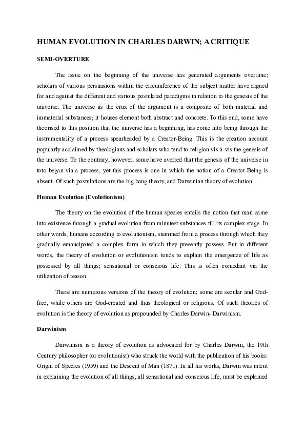 (DOC) human evolution in charles darwin; a critique