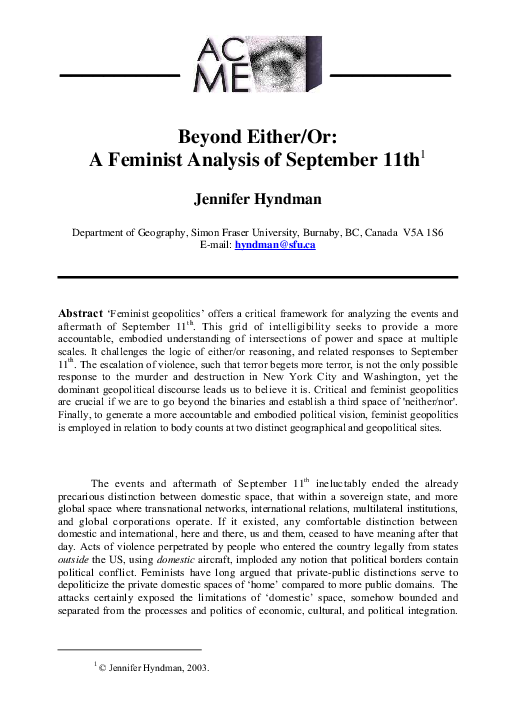 (PDF) Beyond Either/Or: A Feminist Analysis of September 11th