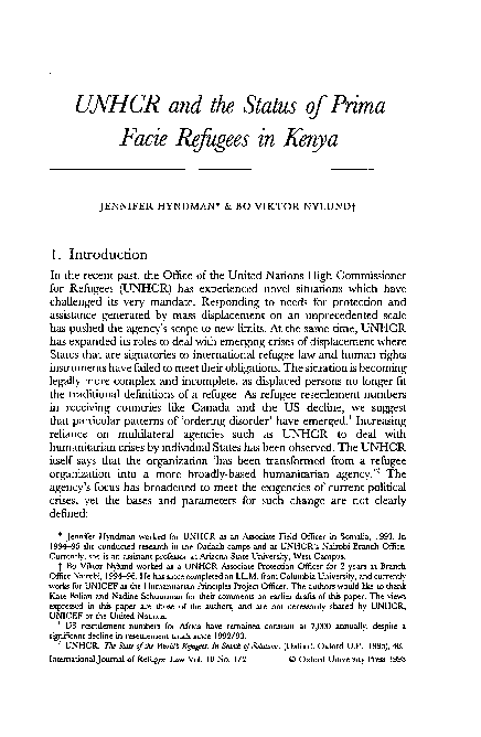 (PDF) UNHCR and the Status of Prima Facie Refugees in Kenya | Jennifer ...