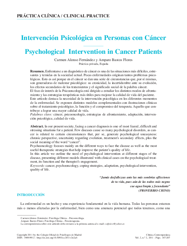 (PDF) Intervención Psicológica en Personas con Cáncer Psychological ...