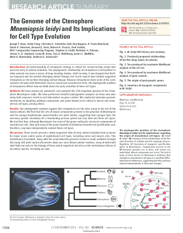 (PDF) The genome of the ctenophore Mnemiopsis leidyi and its implications for cell type evolution