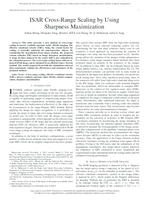 (PDF) ISAR Cross-Range Scaling by Using Sharpness Maximization