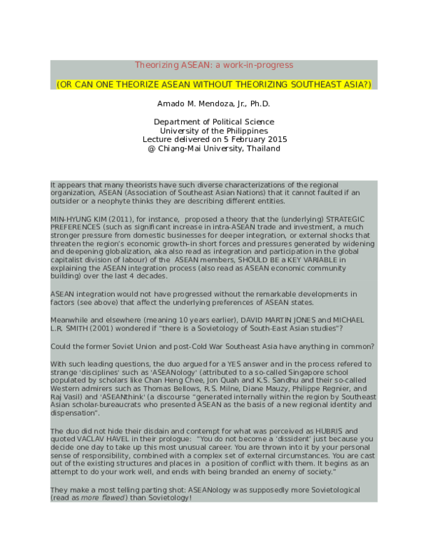 (DOC) Theorizing ASEAN: Possible without a theory of Southeast Asia?
