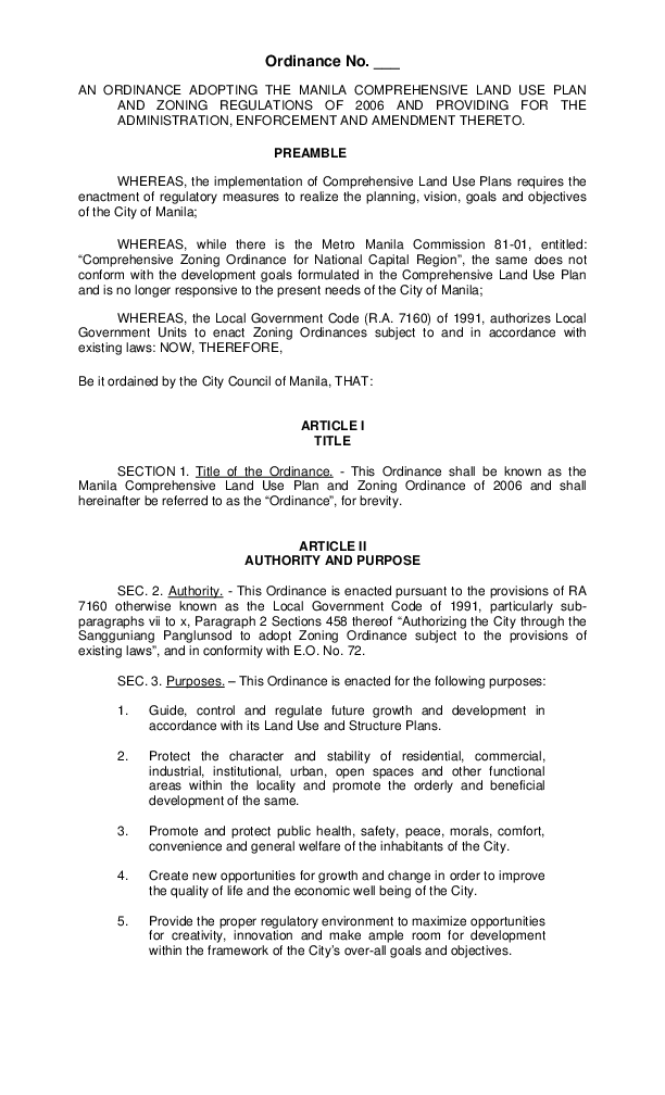 (PDF) Ordinance No. ___ AN ORDINANCE ADOPTING THE MANILA COMPREHENSIVE ...