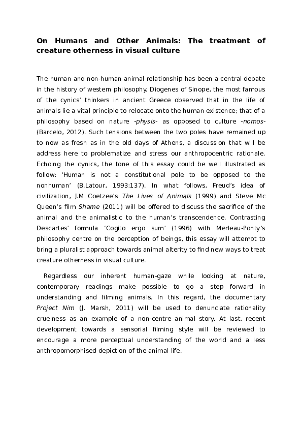 (DOC) On Humans and Other Animals: The treatment of creature otherness ...
