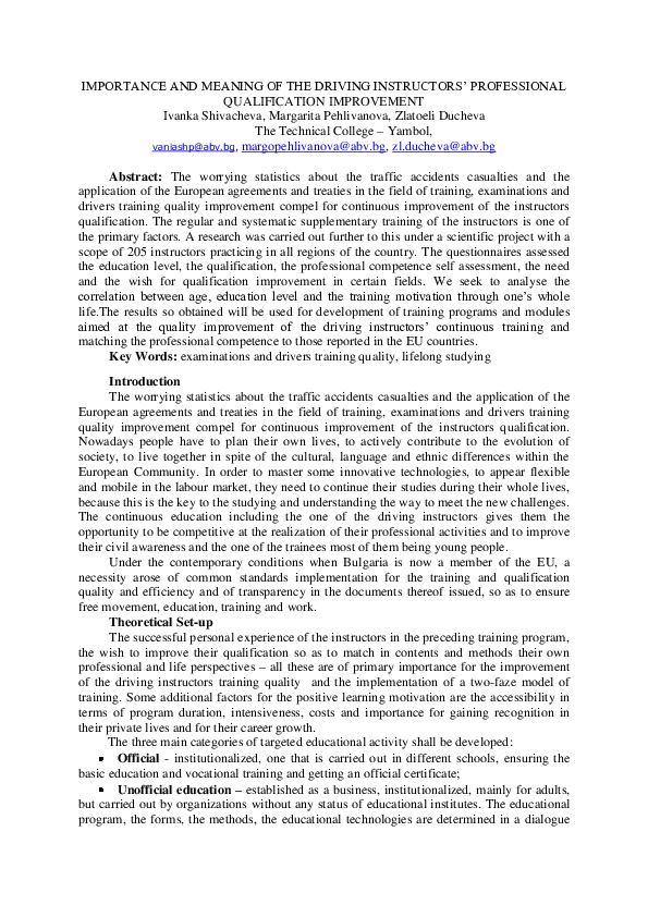 (PDF) IMPORTANCE AND MEANING OF THE DRIVING INSTRUCTORS’ PROFESSIONAL ...