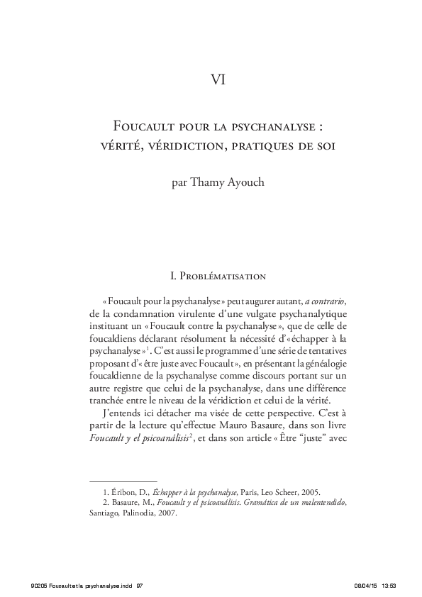 (PDF) Foucault pour la psychanalyse : vérité, véridiction, pratiques de soi