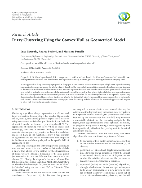 Pdf Fuzzy Clustering Using The Convex Hull As Geometrical Model