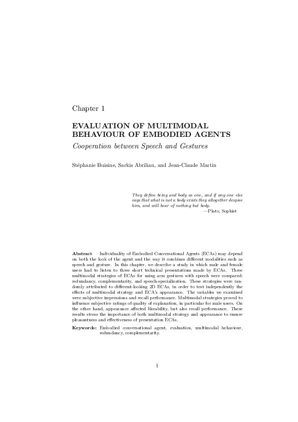 (PDF) EVALUATION OF MULTIMODAL BEHAVIOUR OF EMBODIED AGENTS Cooperation between Speech and Gestures