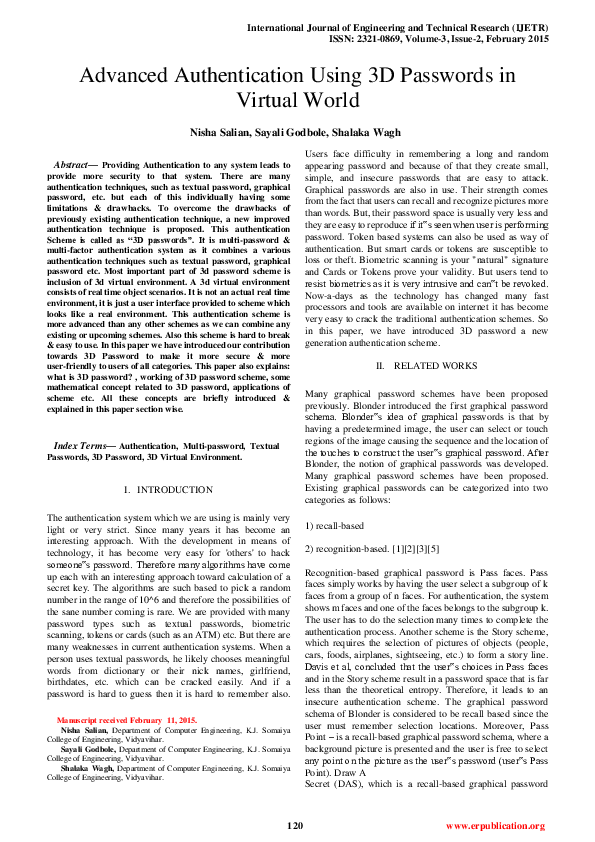 (PDF) Advanced Authentication Using 3D Passwords in Virtual World