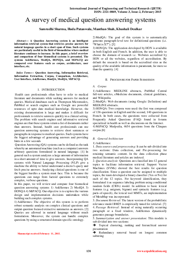 (PDF) A survey of medical question answering systems