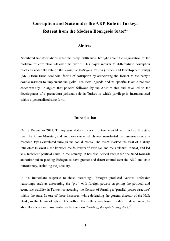 (PDF) Corruption and State under the AKP Rule in Turkey: Retreat from ...