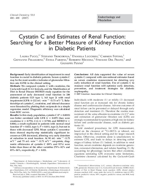 (PDF) Cystatin C and Estimates of Renal Function: Searching for a ...