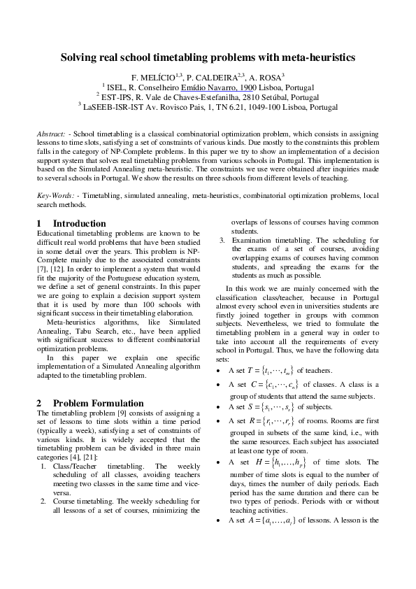 (PDF) Solving real school timetabling problems with meta-heuristics