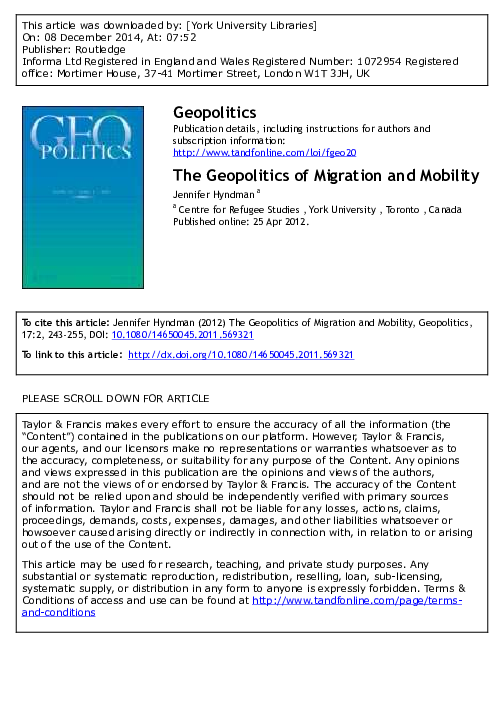 (PDF) The Geopolitics of Migration and Mobility