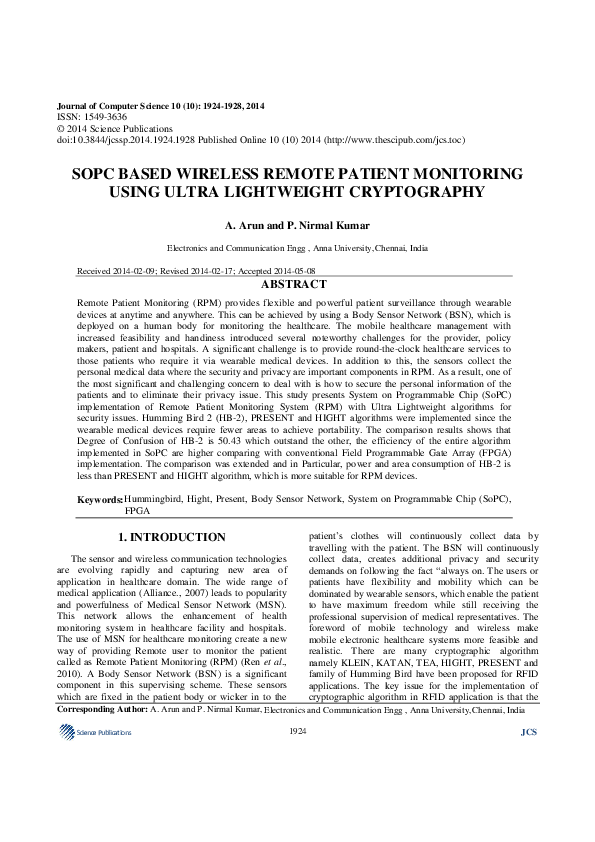 (PDF) SOPC BASED WIRELESS REMOTE PATIENT MONITORING USING ULTRA LIGHTWEIGHT CRYPTOGRAPHY