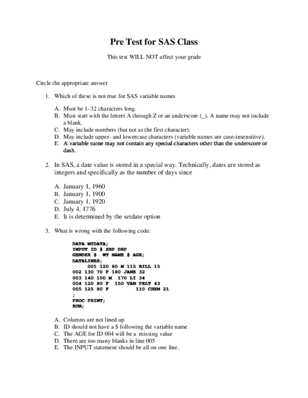 (PDF) Pre Test for SAS Class