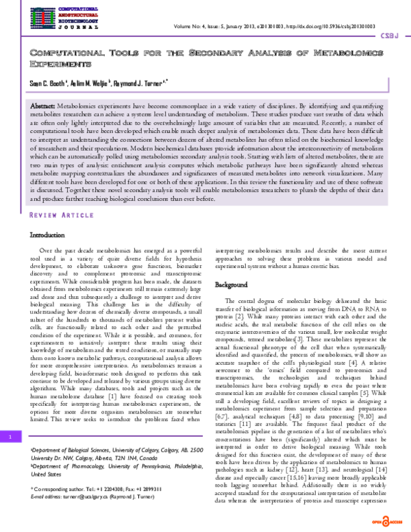 (PDF) Computational Tools for the Secondary Analysis of Metabolomics Experiments