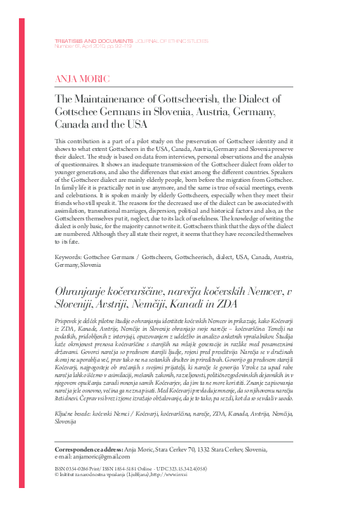 Ohranjanje Kočevarščine, narečja kočevskih Nemcev, v Sloveniji ...