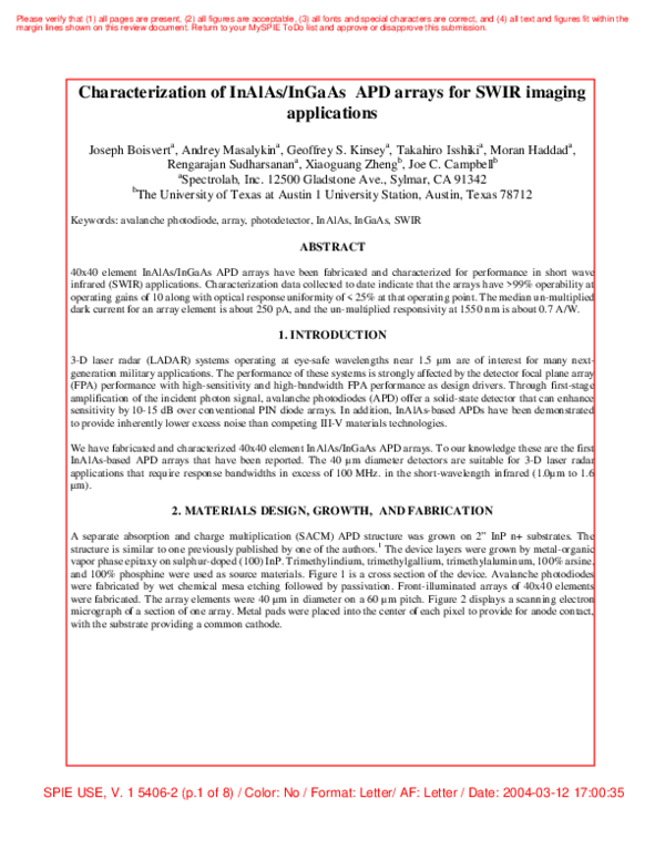 (PDF) Characterization of InAlAs/InGaAs APD arrays for SWIR imaging ...