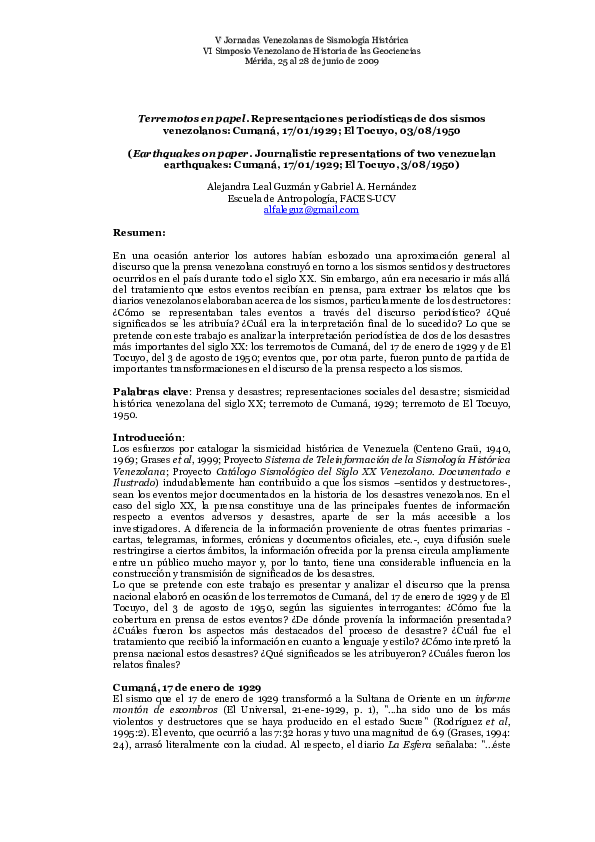 (PDF) Earthquakes on paper. Journalistic representations of two venezuelan
