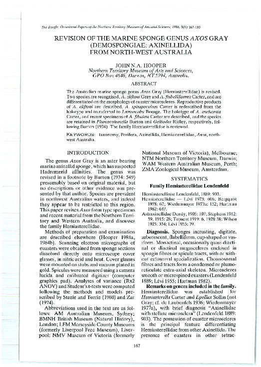 (PDF) Revision of the marine sponge genus Axos Gray (Demospongiae ...