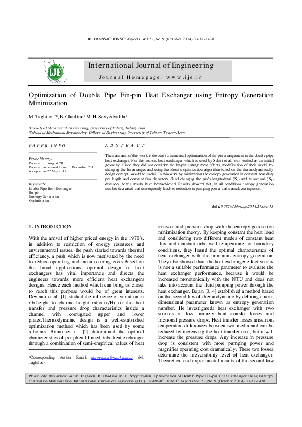 (PDF) Optimization of Double Pipe Fin-pin Heat Exchanger using Entropy Generation Minimization