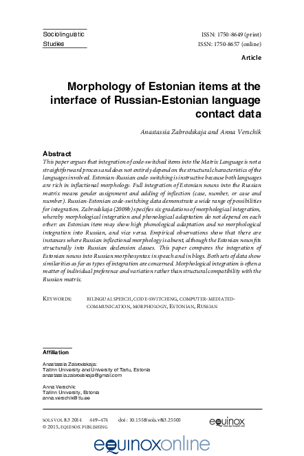 (PDF) Morphology of Estonian items at the interface of Russian-Estonian ...