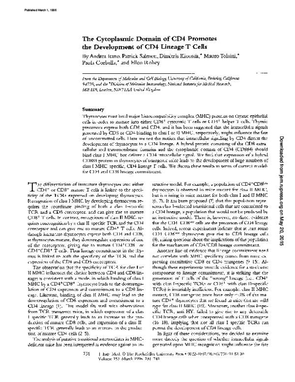 (PDF) The Cytoplasmic Domain of CD4 Promotes the Development of CD4 ...